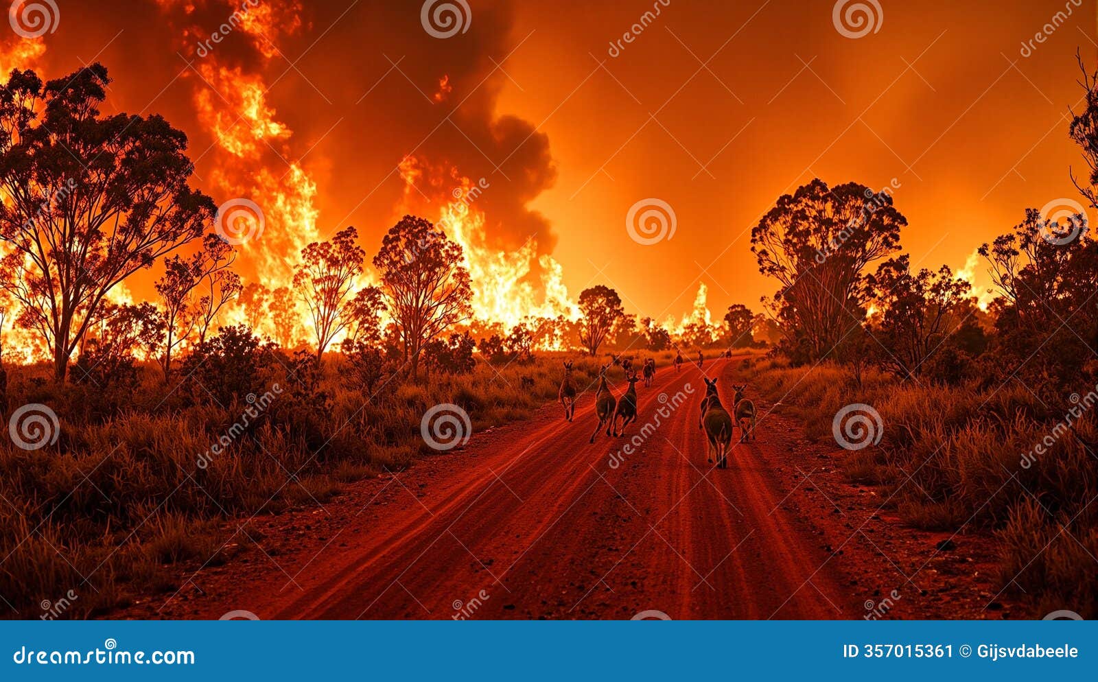 Dramatic Australian Outback Wildfire Scene With Kangaroos Fleeing Stock ...