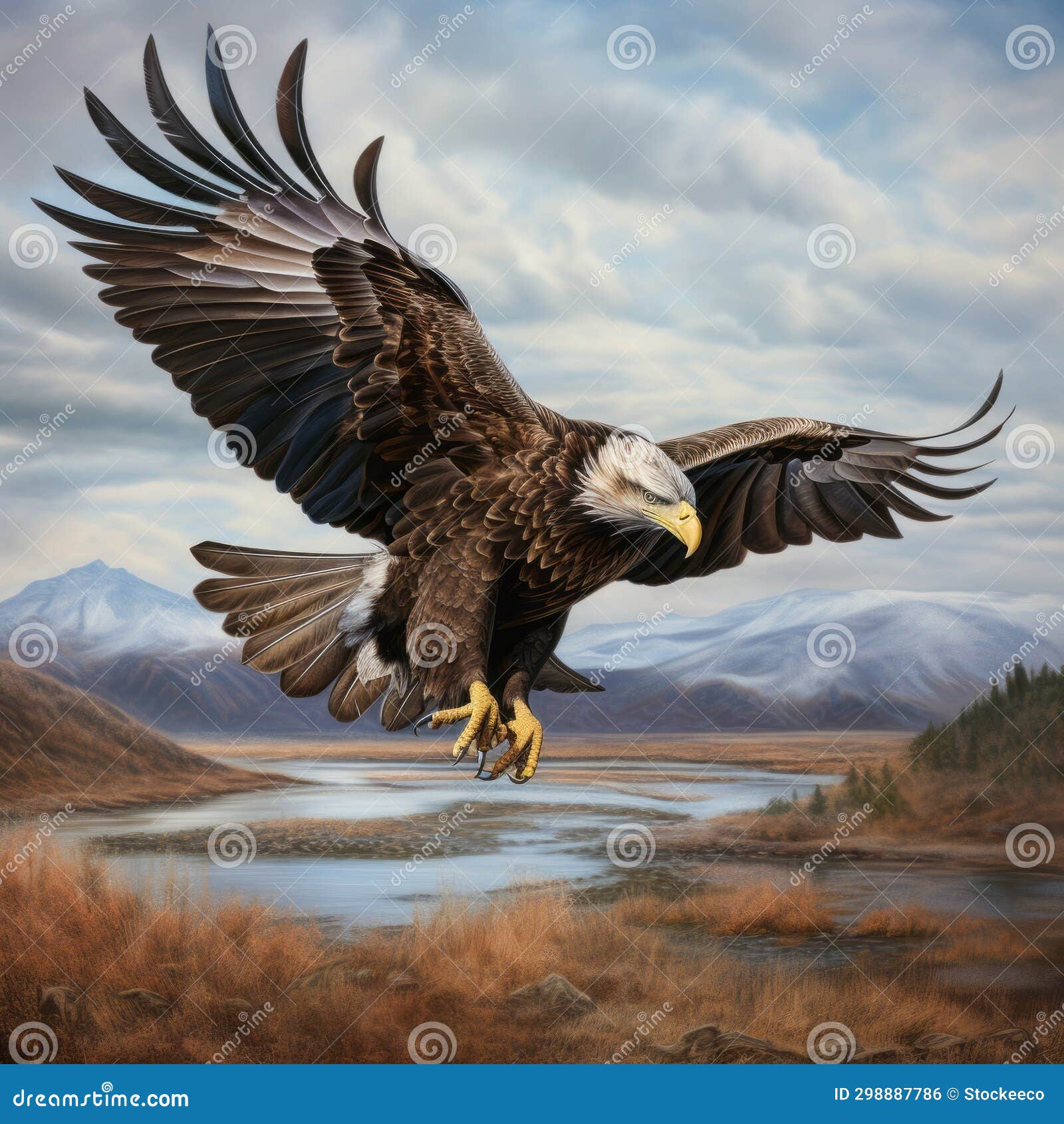 Dramatic Bald Eagle Flying Painting with Celtic Art Influence Stock ...