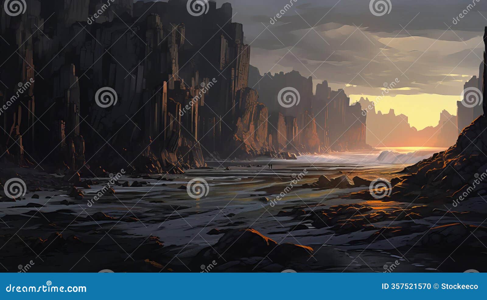 Dramatic Basalt Beach Illustration with Towering Cliffs and Rugged ...