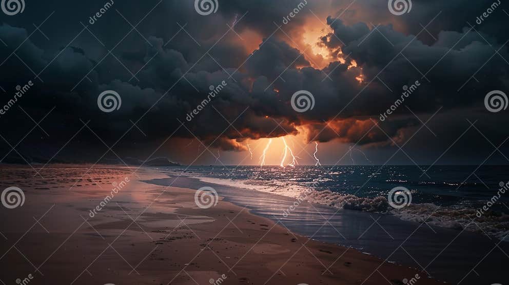 Dramatic Beach Scene with Dark Storm Clouds and Lightning Strike in ...