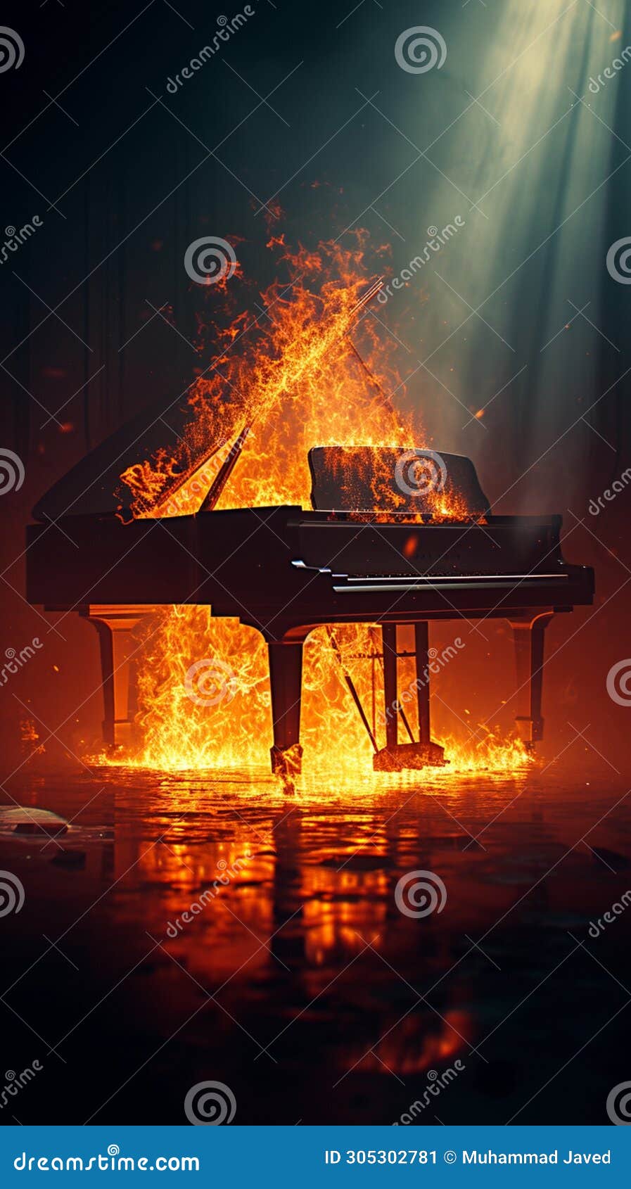 Dramatic Beauty Unfolds As a Spotlight Captures a Piano on Fire Stock ...
