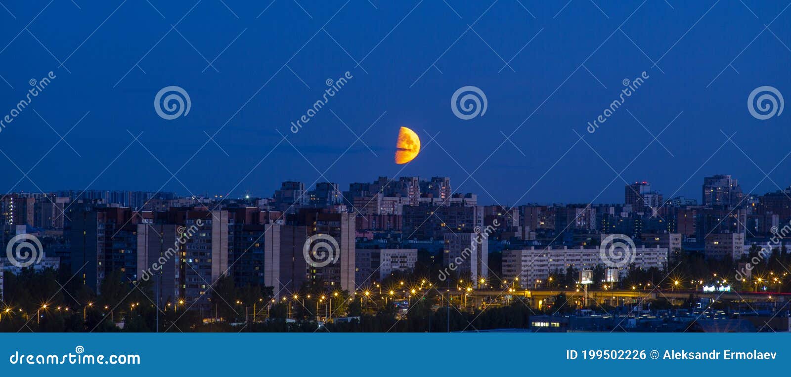 Dramatic Big Red Moon Over the City. Summer Night. Clear Sky. Stock ...