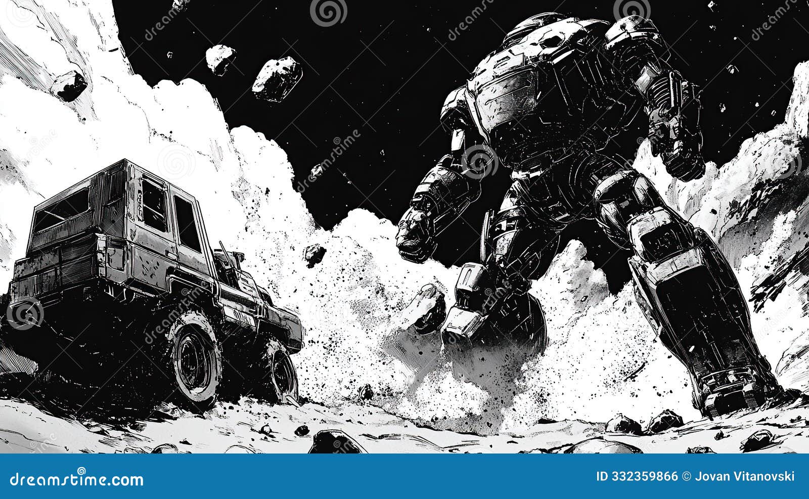 Dramatic Black and White Comic Book Scene with Robot and Vehicle Stock ...