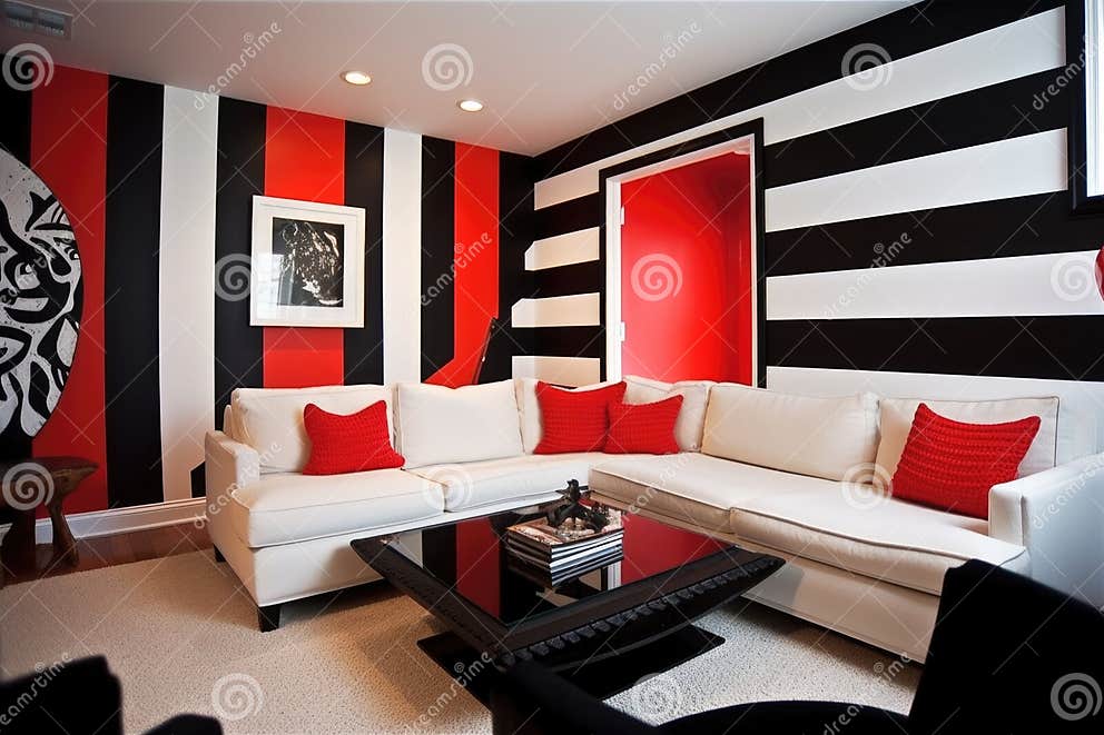 A Dramatic Black and White Striped Wall, with a Single Red Accent Stock ...
