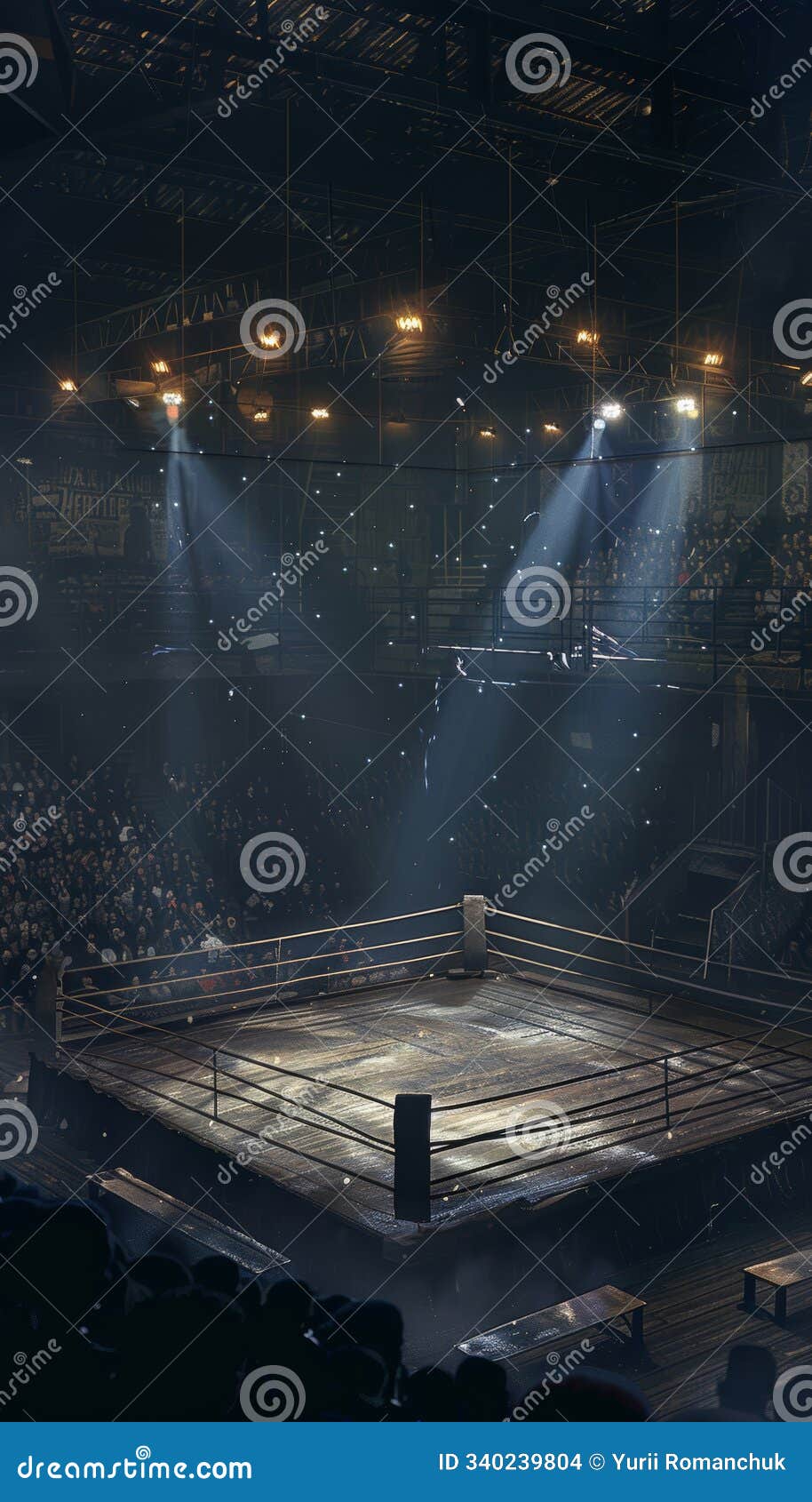 Dramatic Boxing Stadium Under Dim Lighting Spotlight on the Ring Amidst ...