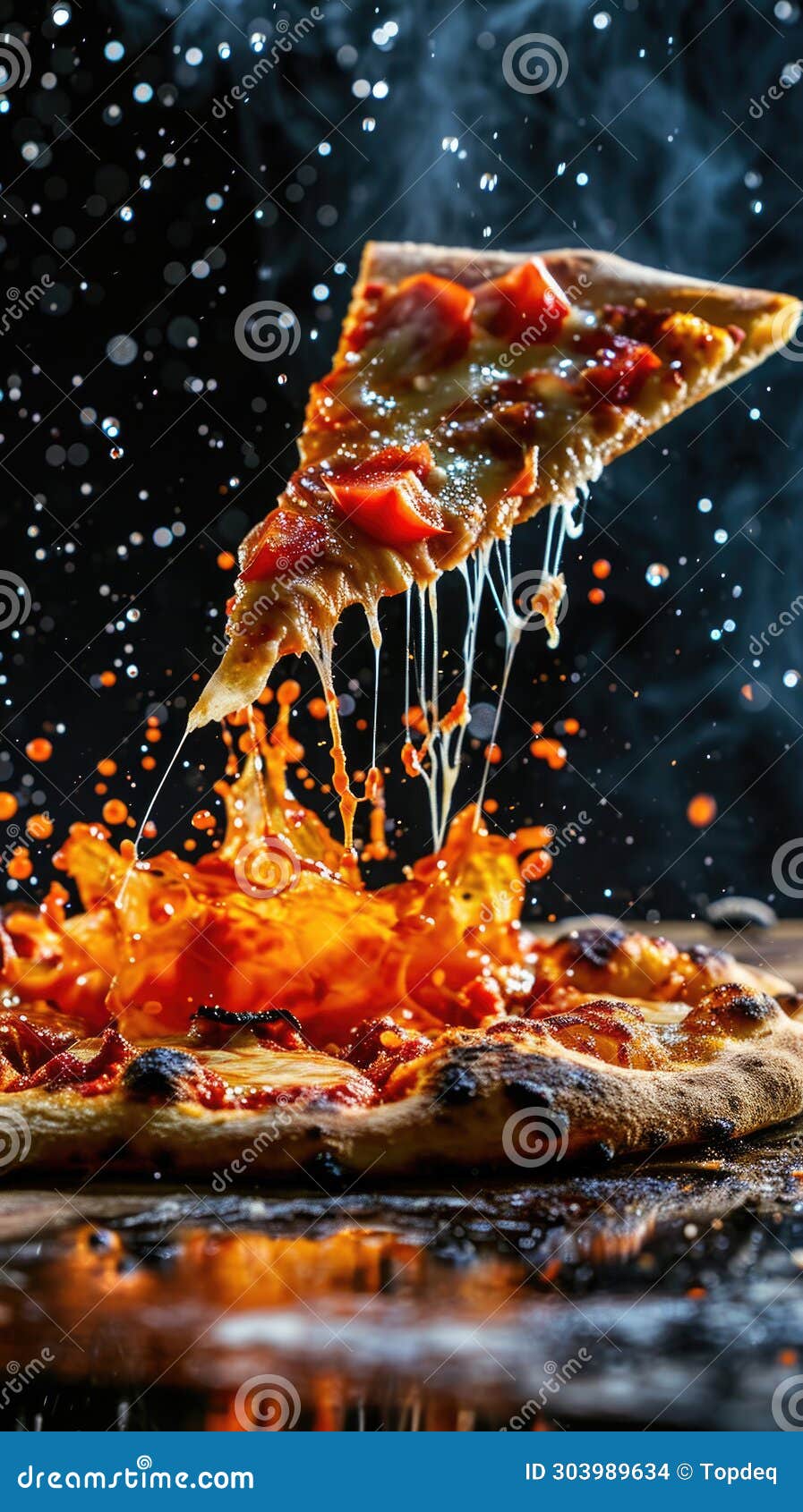 Dramatic Capture of Cheese Pizza Slice with Toppings Flying Mid Air ...