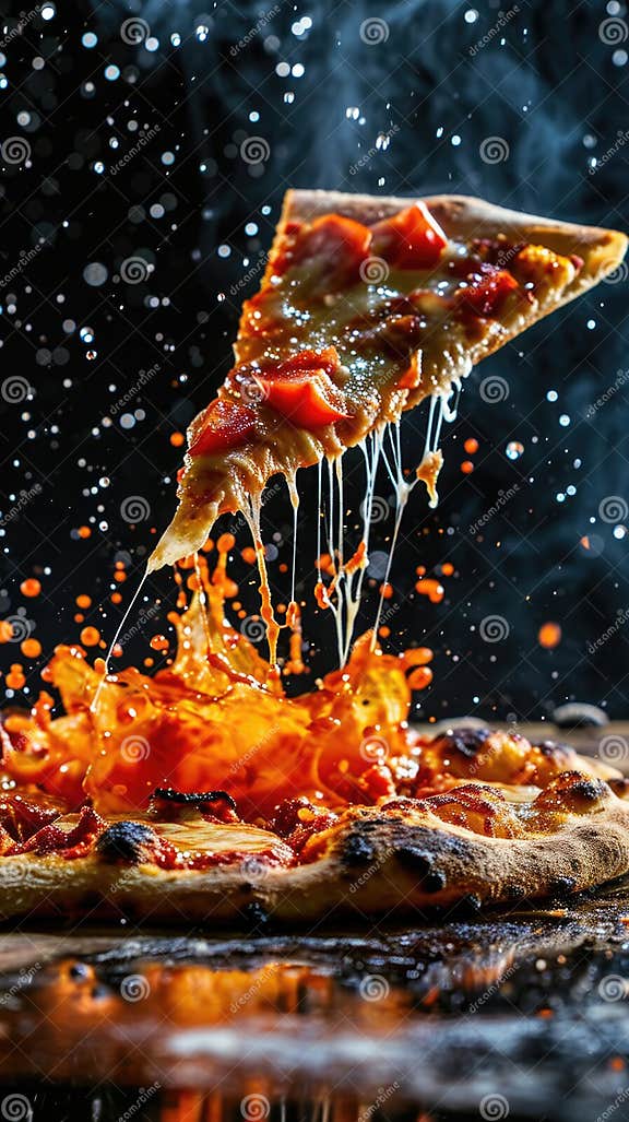 Dramatic Capture of Cheese Pizza Slice with Toppings Flying Mid Air ...