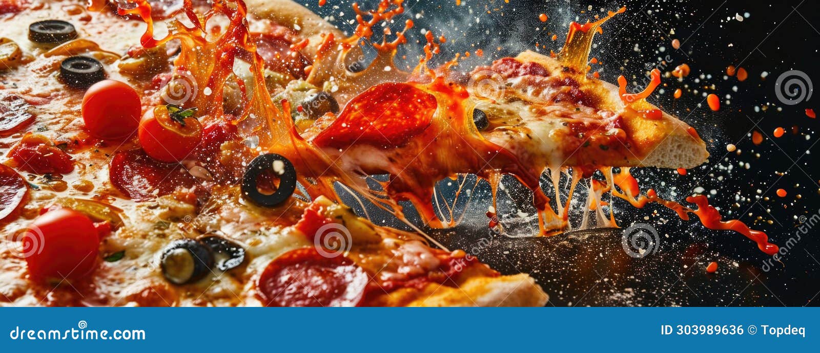 Dramatic Capture of Cheese Pizza Slice with Toppings Flying Mid Air ...