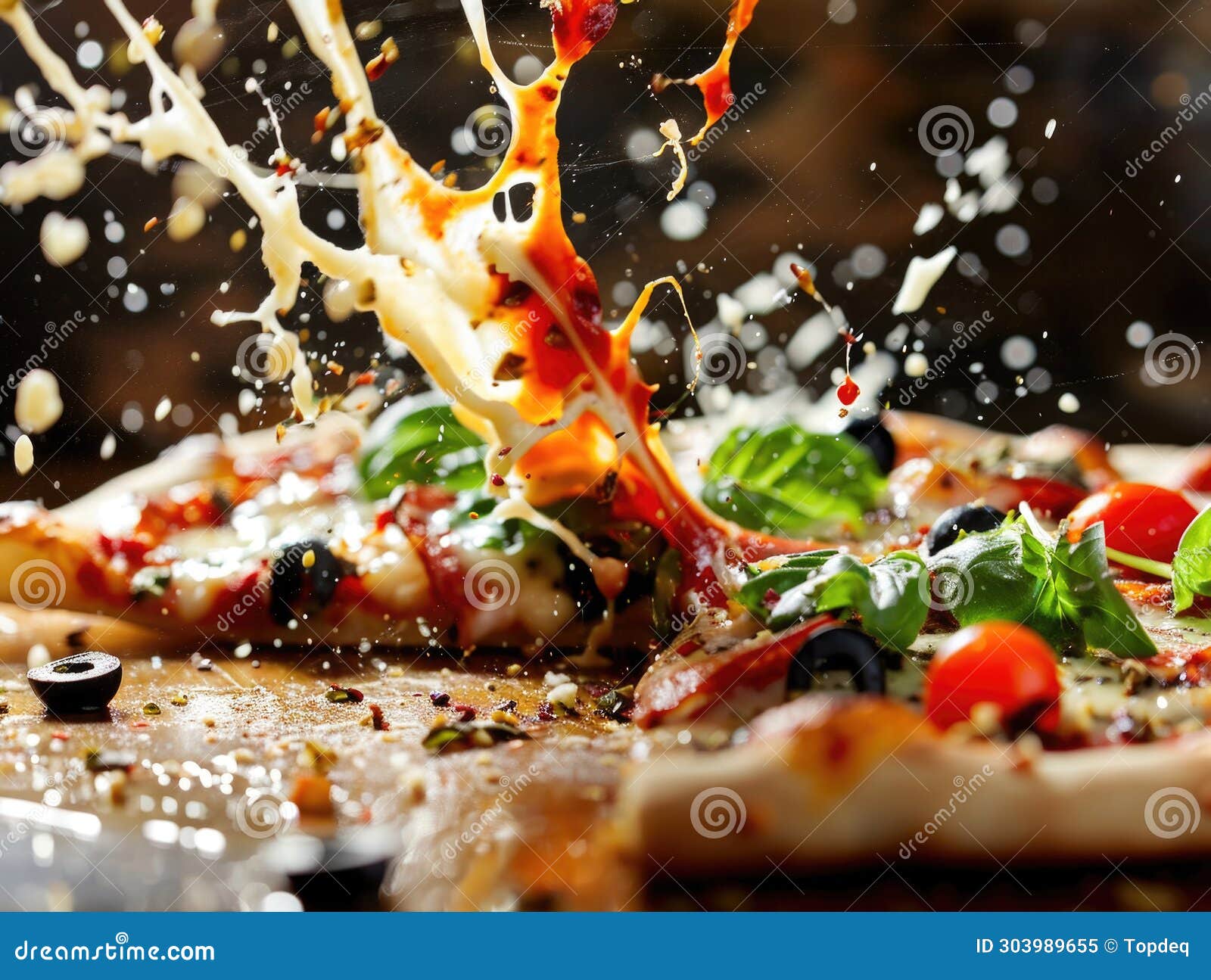 Dramatic Capture of Cheese Pizza Slice with Toppings Flying Mid Air ...