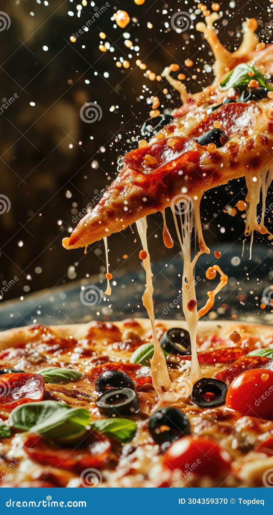 Dramatic Capture of Cheese Pizza Slice with Toppings Flying Mid Air ...