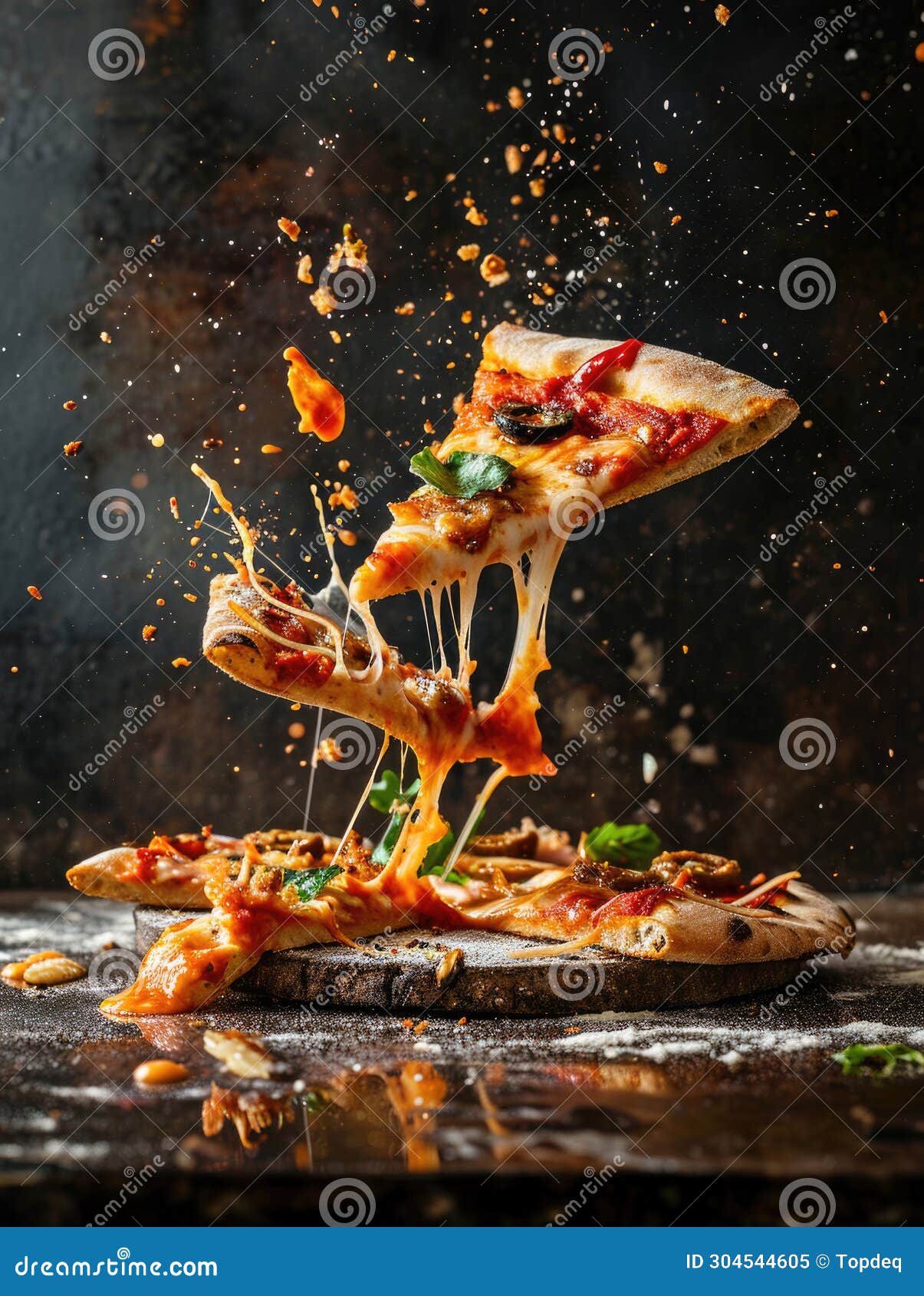 Dramatic Capture of Cheese Pizza Slice with Toppings Flying Mid Air ...