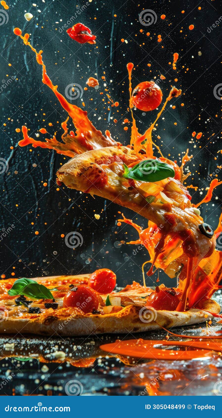 Dramatic Capture of Cheese Pizza Slice with Toppings Flying Mid Air ...