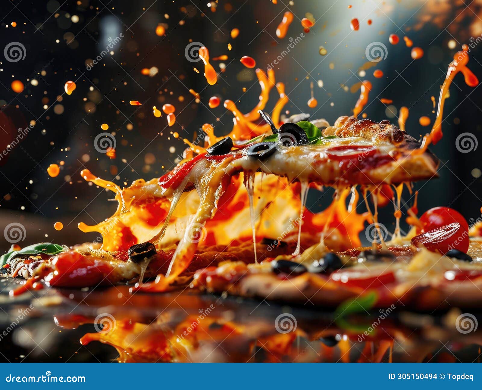 Dramatic Capture of Cheese Pizza Slice with Toppings Flying Mid Air ...