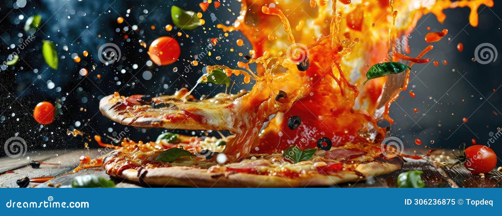 Dramatic Capture of Cheese Pizza Slice with Toppings Flying Mid Air ...