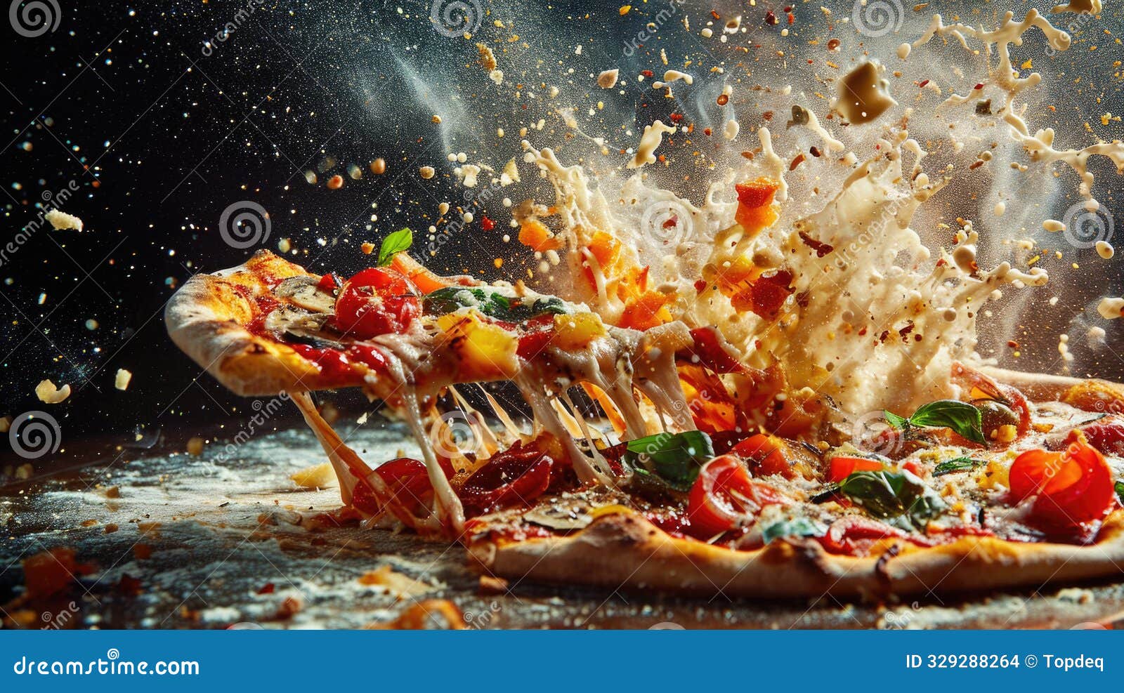 Dramatic Capture of Cheese Pizza Slice with Toppings Flying Mid Air ...