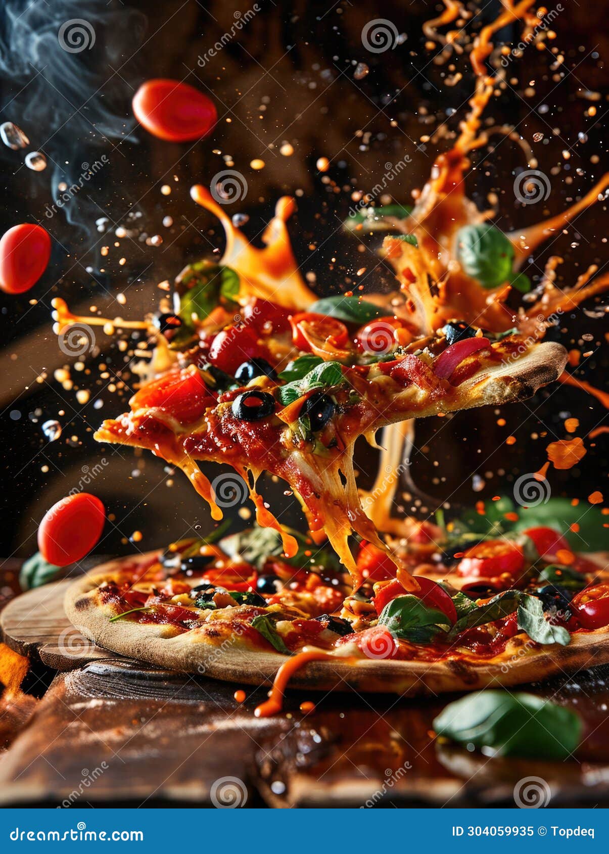 Dramatic Capture of Cheese Pizza Slice with Toppings Flying Mid Air ...