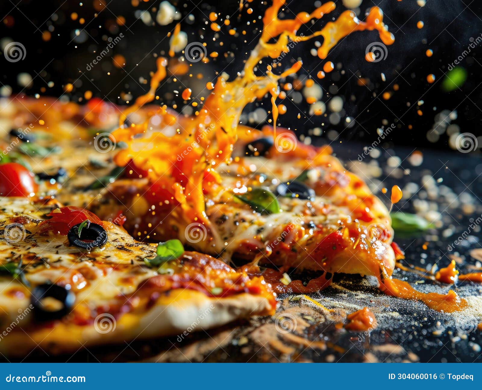 Dramatic Capture of Cheese Pizza Slice with Toppings Flying Mid Air ...