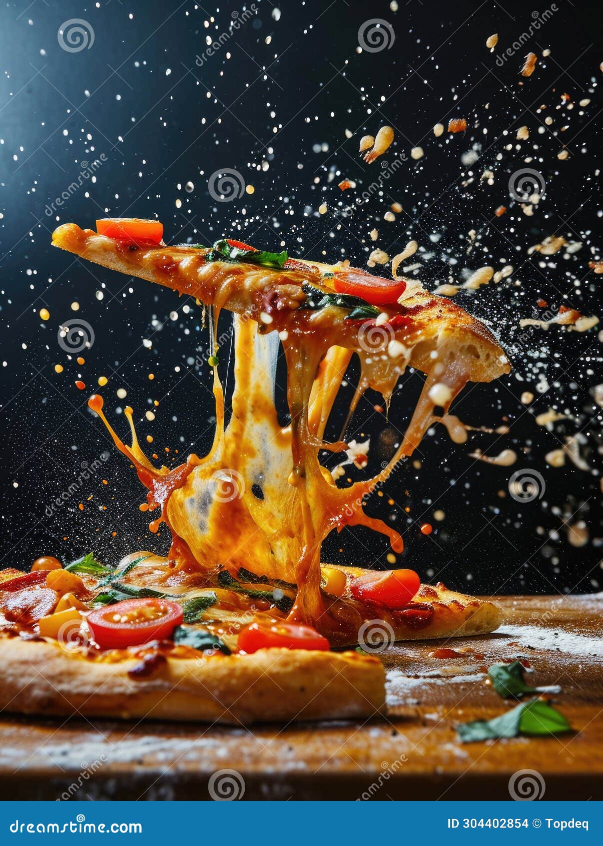 Dramatic Capture of Cheese Pizza Slice with Toppings Flying Mid Air ...
