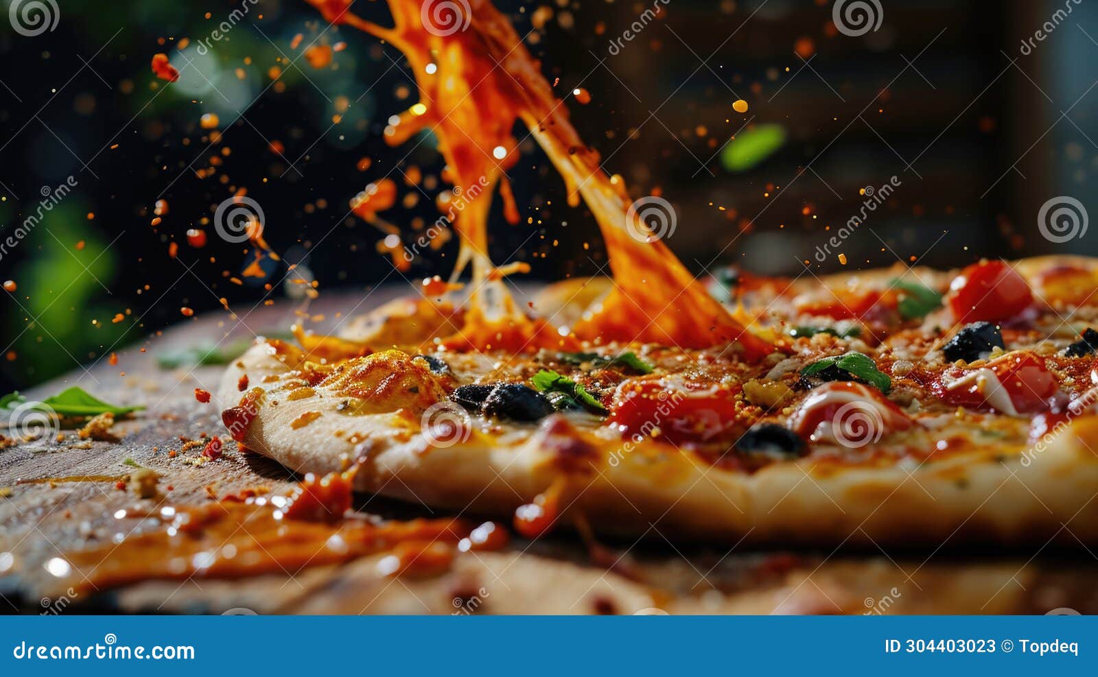 Dramatic Capture of Cheese Pizza Slice with Toppings Flying Mid Air ...