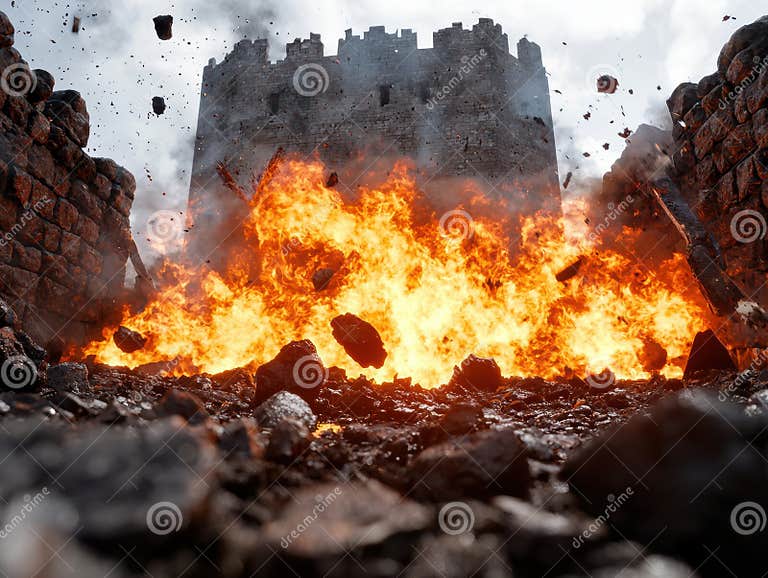 Dramatic Castle Siege with Raging Flames and Explosions Stock ...