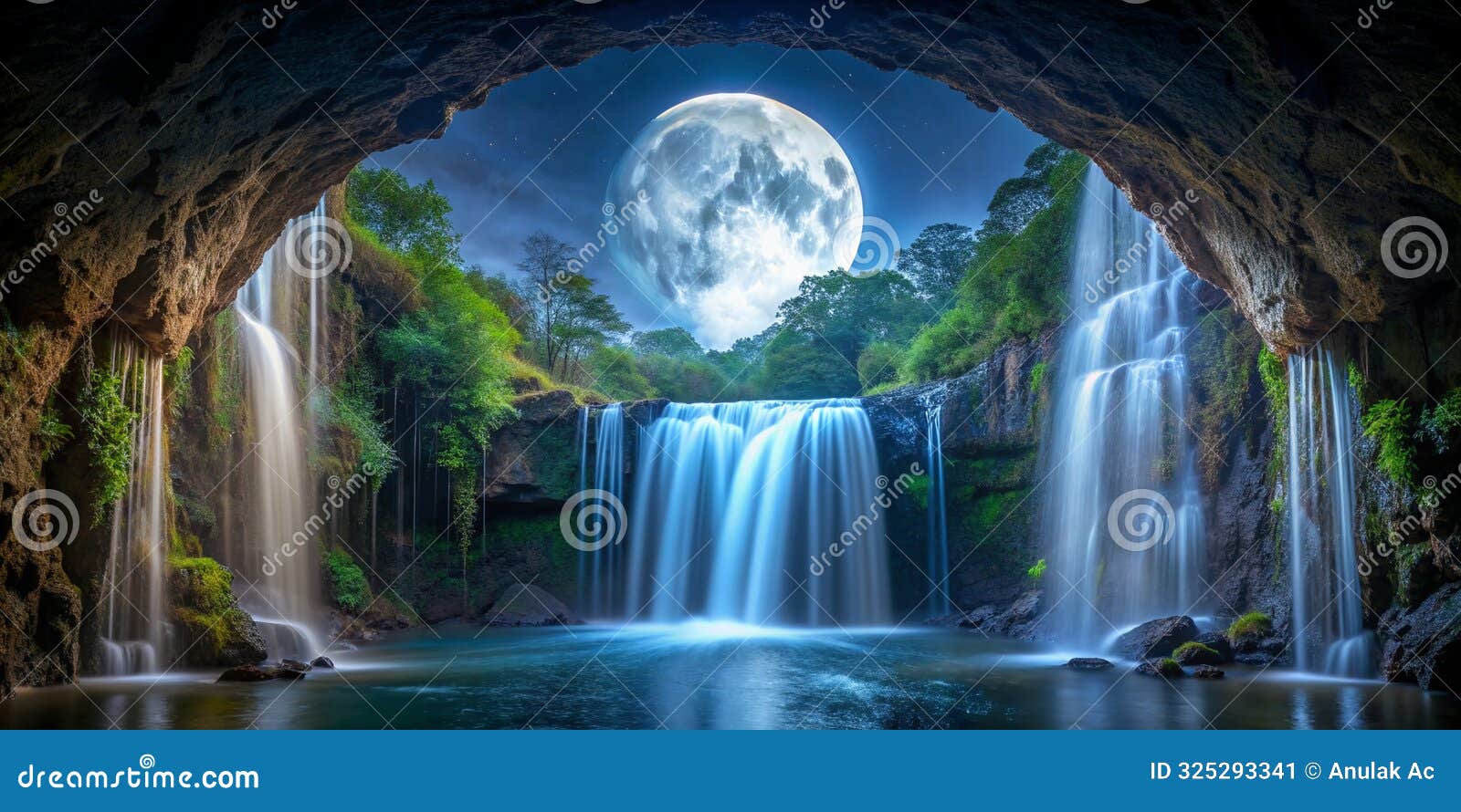 Dramatic Cave Waterfall Illuminated by a Full Moon AI-Created Content ...
