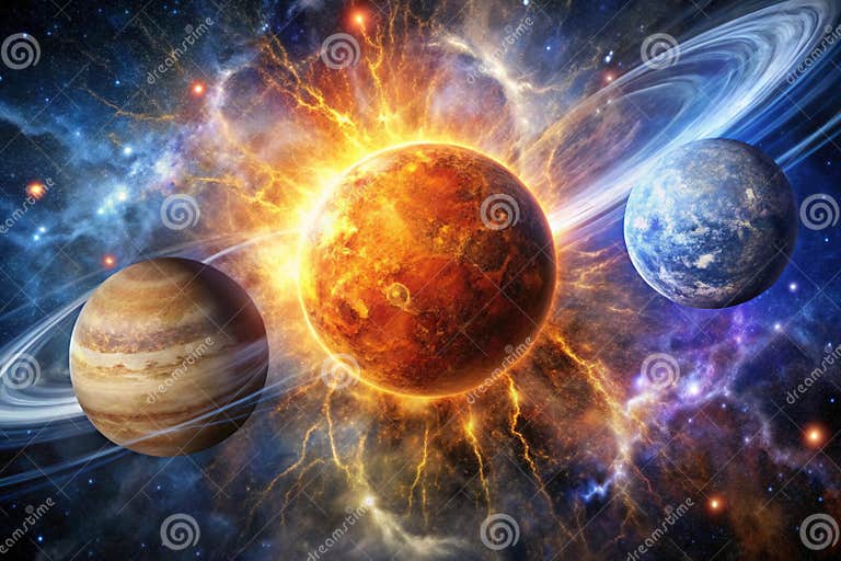 Dramatic Celestial Display Featuring Planets, Fiery Explosions, and ...