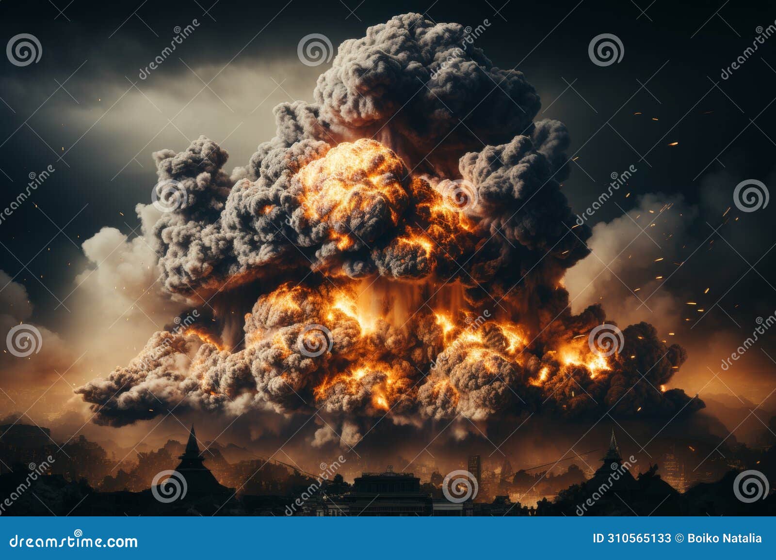 Dramatic City Night with Nuclear Explosion, Mushroom Cloud, Shockwave ...