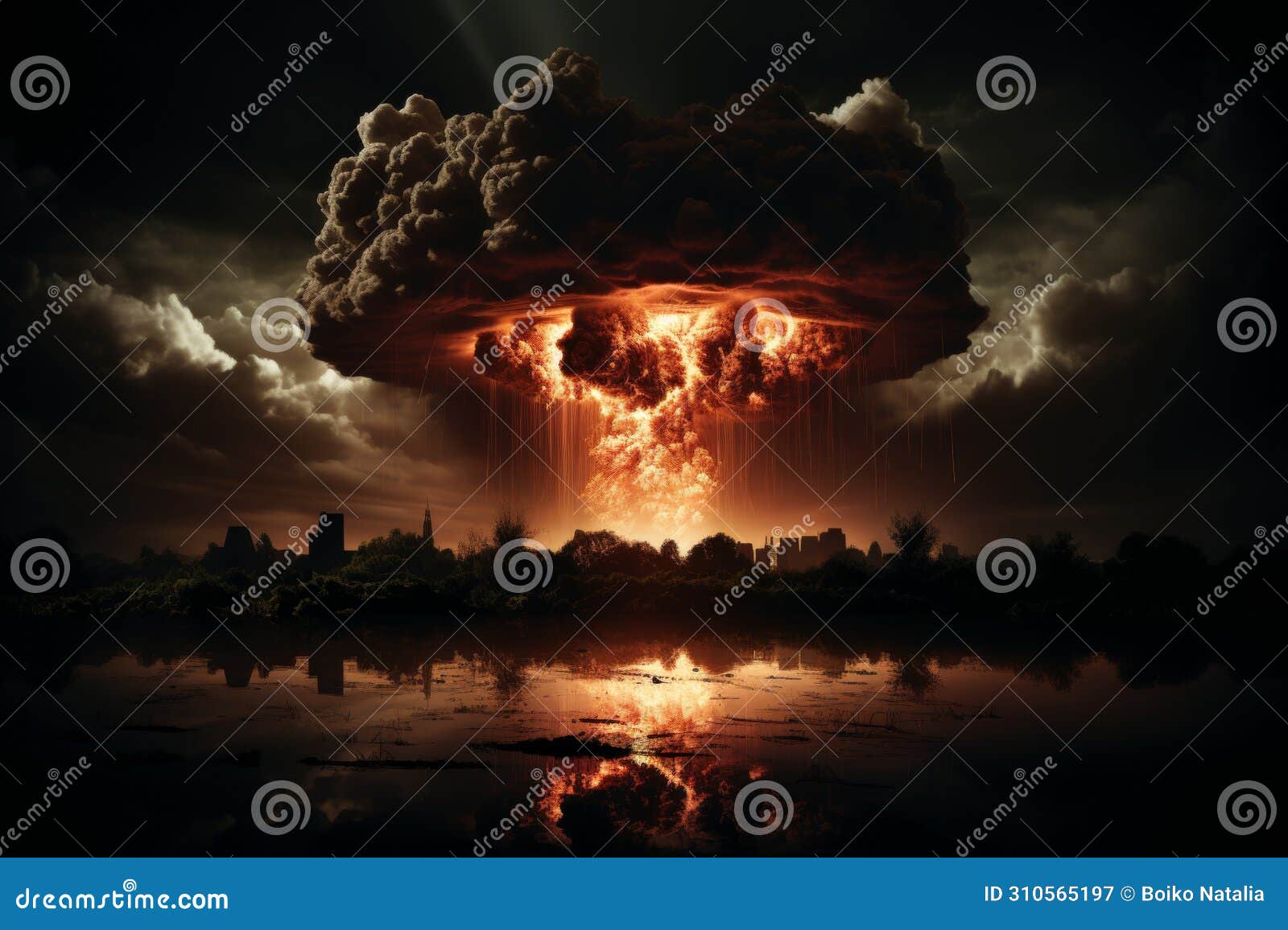 Dramatic City Night Scene with Nuclear Explosion, Mushroom Cloud, and ...