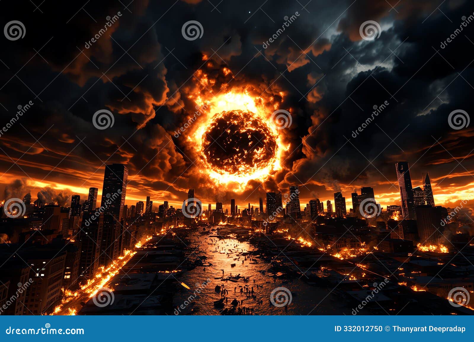 A Dramatic Cityscape Enveloped in Fiery Clouds and a Cataclysmic Sun ...
