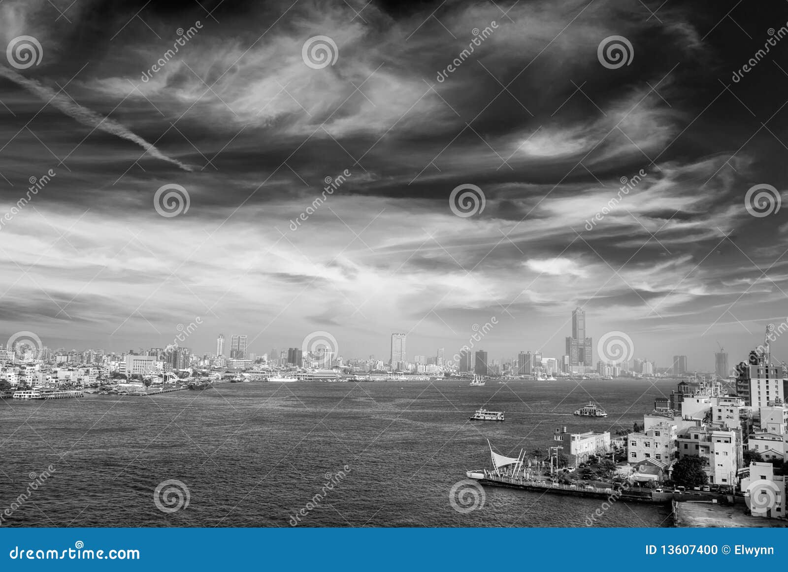 Dramatic Cityscape of Harbor Stock Photo - Image of architecture ...