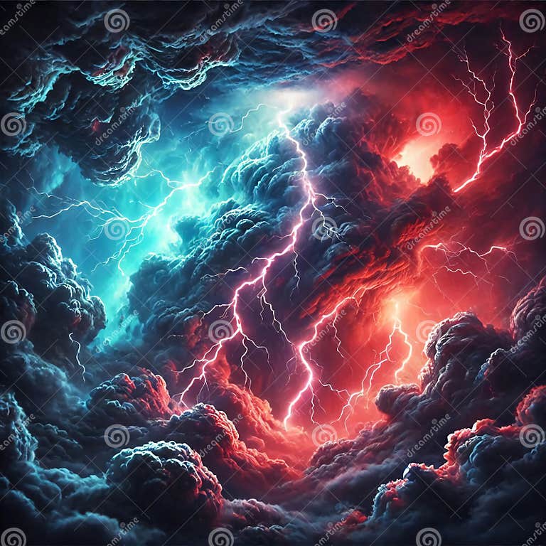 A Dramatic Clash of Blue and Red Lightning in Stormy Clouds Creating a ...