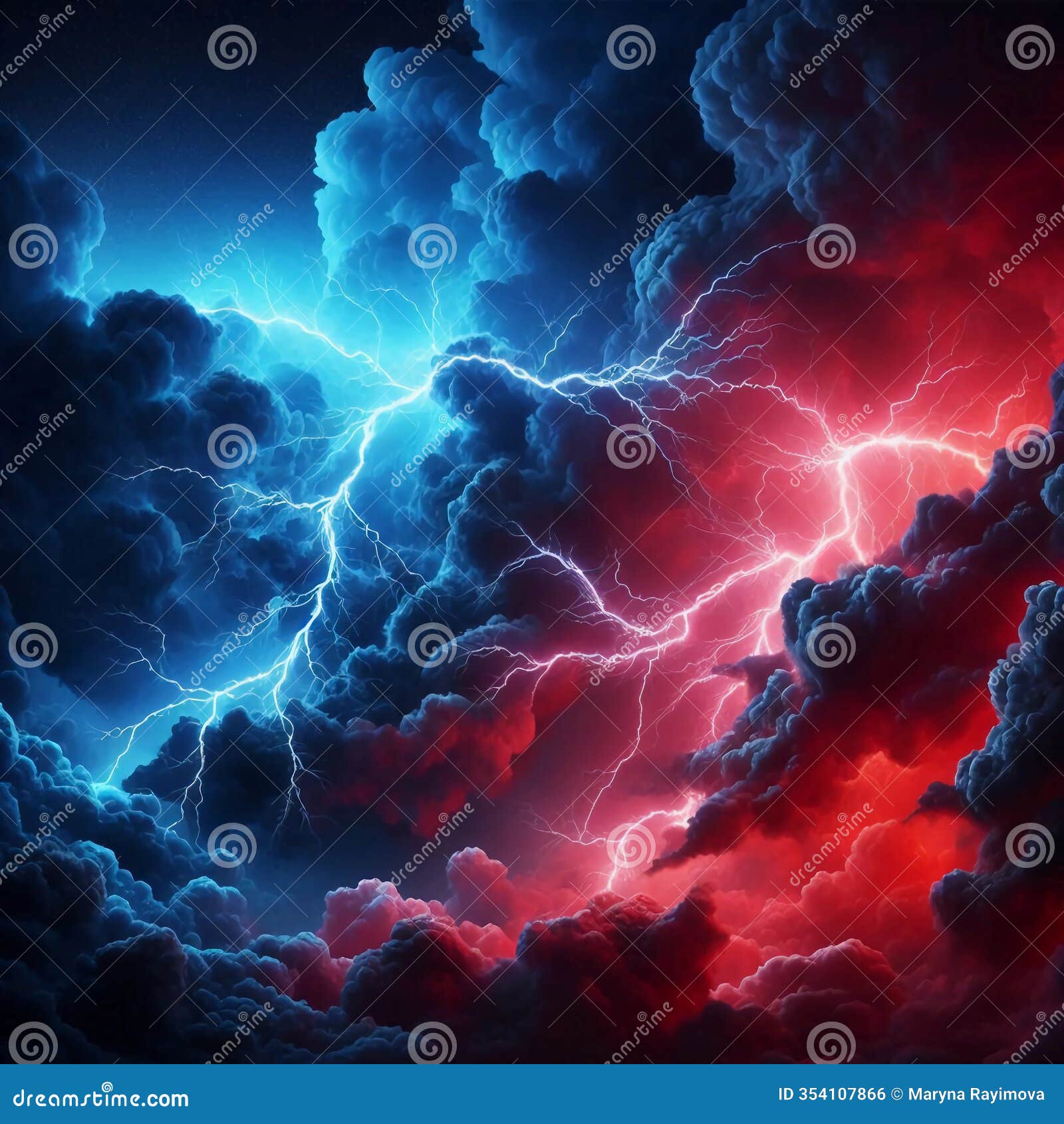 A Dramatic Clash of Blue and Red Lightning in Stormy Clouds Creating a ...