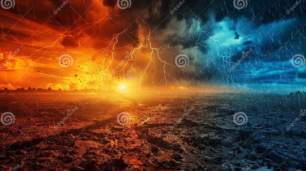 Dramatic Clash of Fire and Ice Storm in Barren Landscape Stock Photo ...