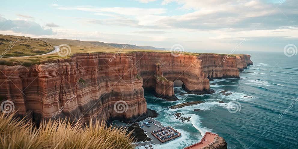 Dramatic Cliffs Overlook a Peaceful Bay with Crashing Waves Stock ...
