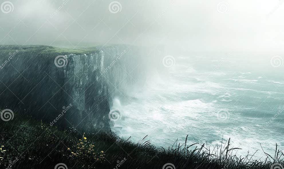 Stormy Sea Cliffs Under Heavy Rainfall Stock Image - Image of survival ...