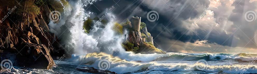 Dramatic Cliffside Castle Overlooking Stormy Sea Stock Illustration ...