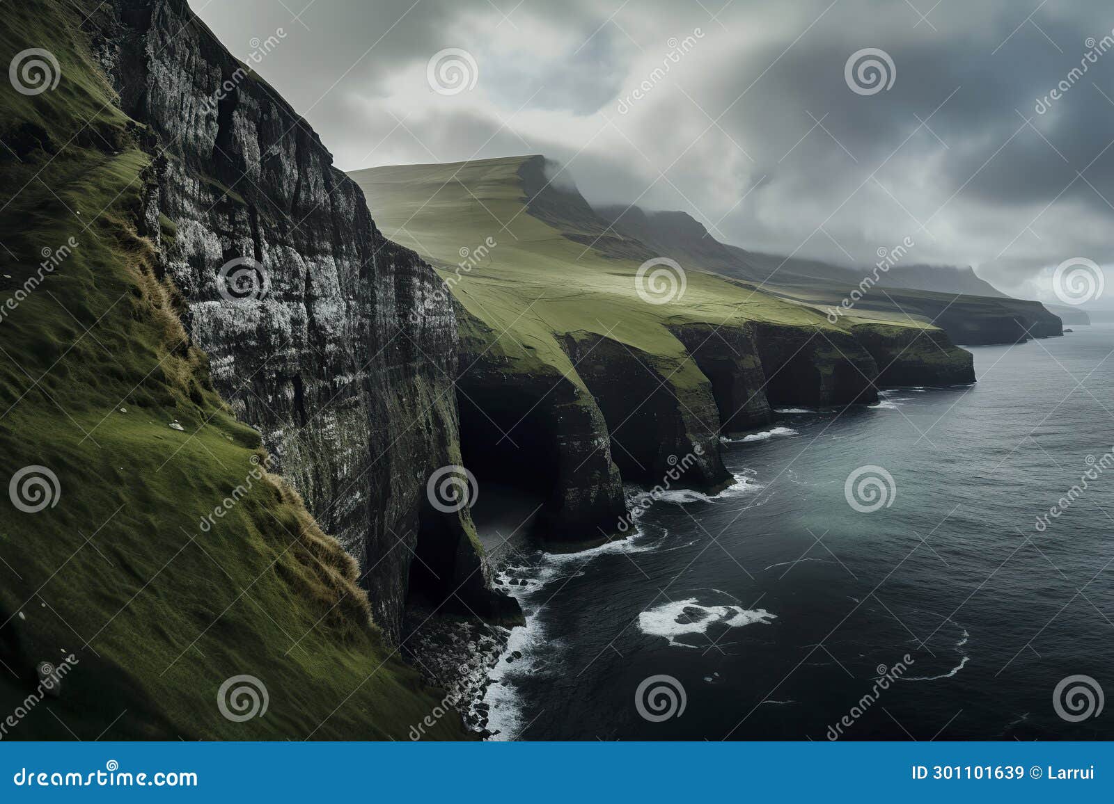 A Dramatic Cliffside Landscape with Green Hills, Jagged Black Cliffs ...