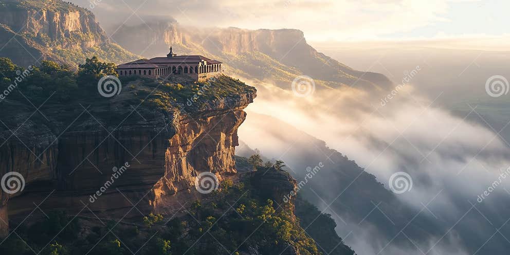 A Dramatic Cliffside Monastery Perched on a High Peak, with Mist ...