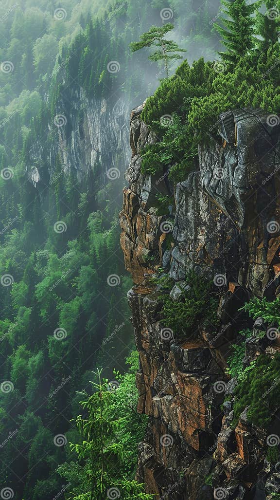 Dramatic Cliffside View in a Lush Forest Stock Image - Image of ...