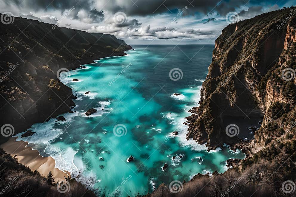 Dramatic Cliffside View of Turquoise Ocean Stock Illustration ...