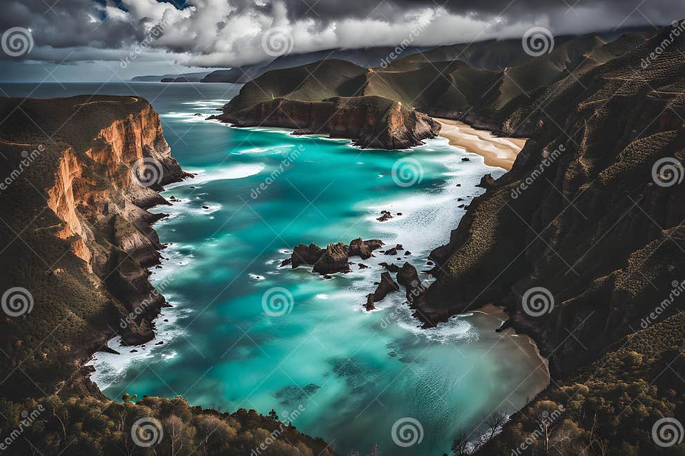 Dramatic Cliffside View of Turquoise Ocean Stock Illustration ...