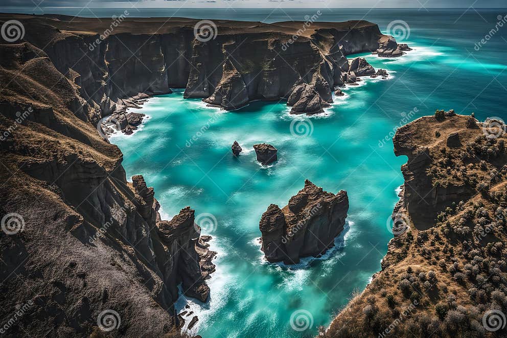 Dramatic Cliffside View of Turquoise Ocean Stock Illustration ...
