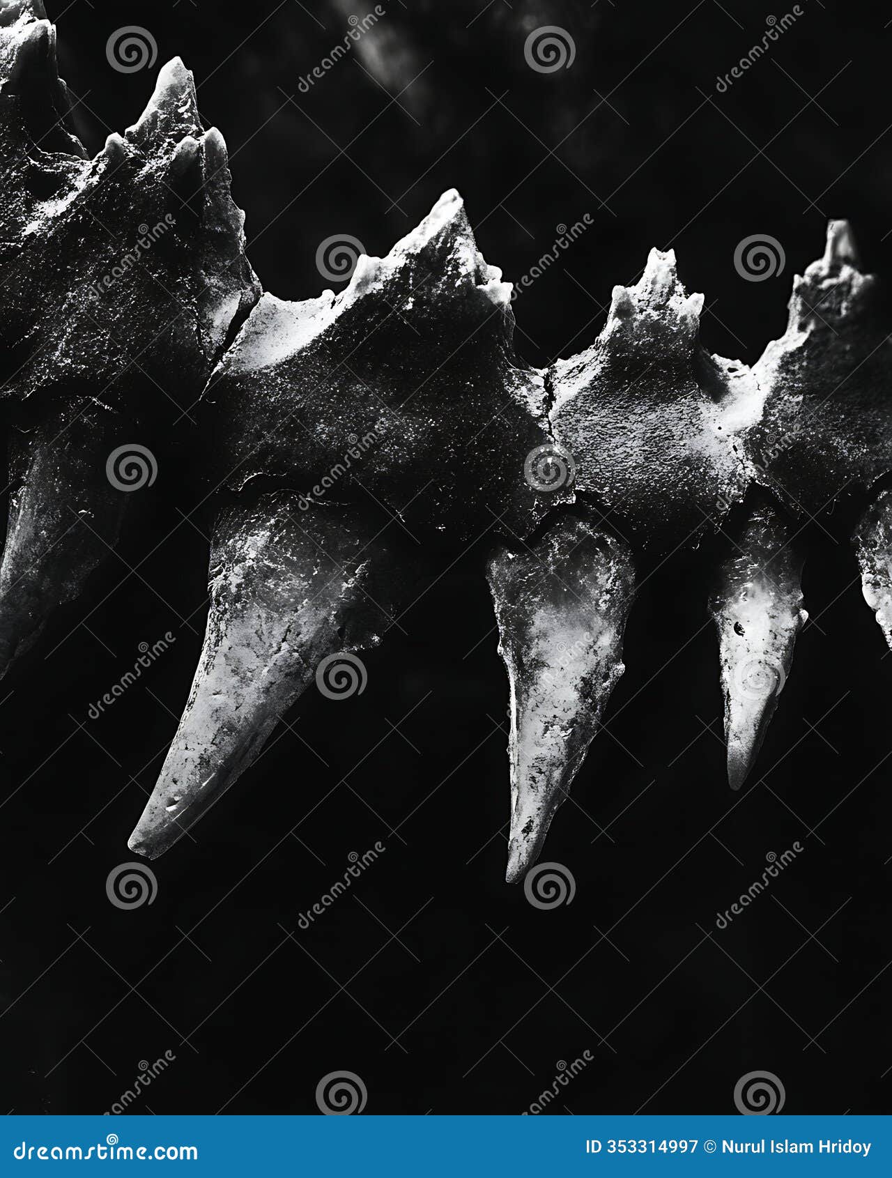 Dramatic Close-up of Fossilized Predator Teeth in Monochrome Dark ...