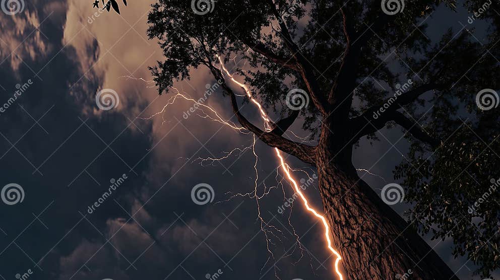 A Dramatic Close-up of a Lightning Bolt Splitting a Tree in Half during ...