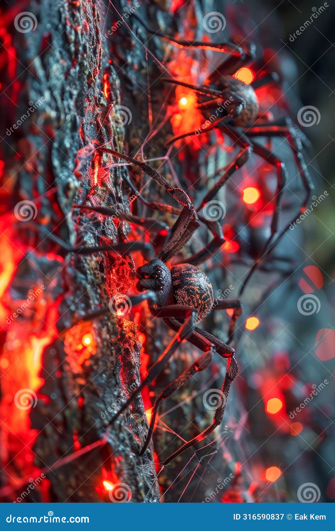Dramatic Close Up of Spiders Crawling on a Tree with Red Glowing Light ... Dramatic Close Up of Spiders Crawling on a Tree with Red Glowing Light ...