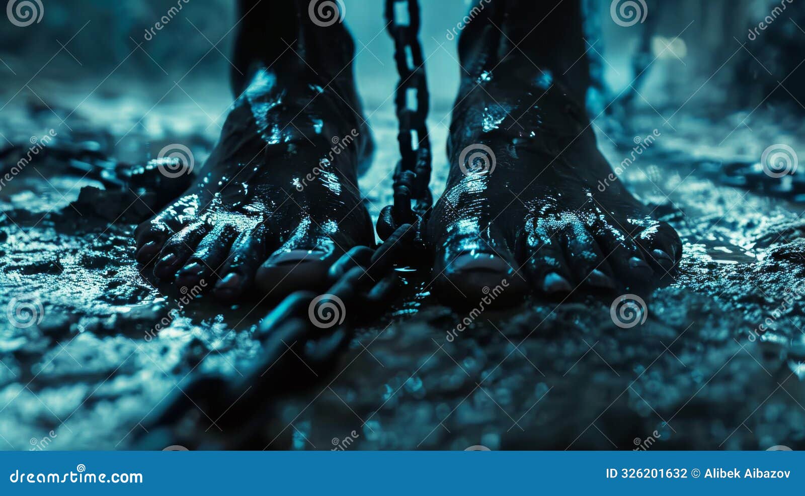 Dramatic Closeup of Bare Feet in Chains Amid Rainy, Muddy Environment ...