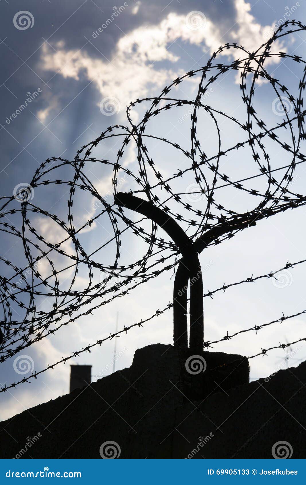 Dramatic Clouds Behind Barbed Wire Fence on Prison Wall Stock Image ...
