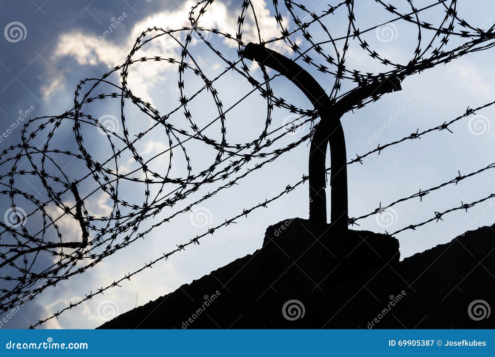 Dramatic Clouds Behind Barbed Wire Fence on Prison Wall Stock Image ...