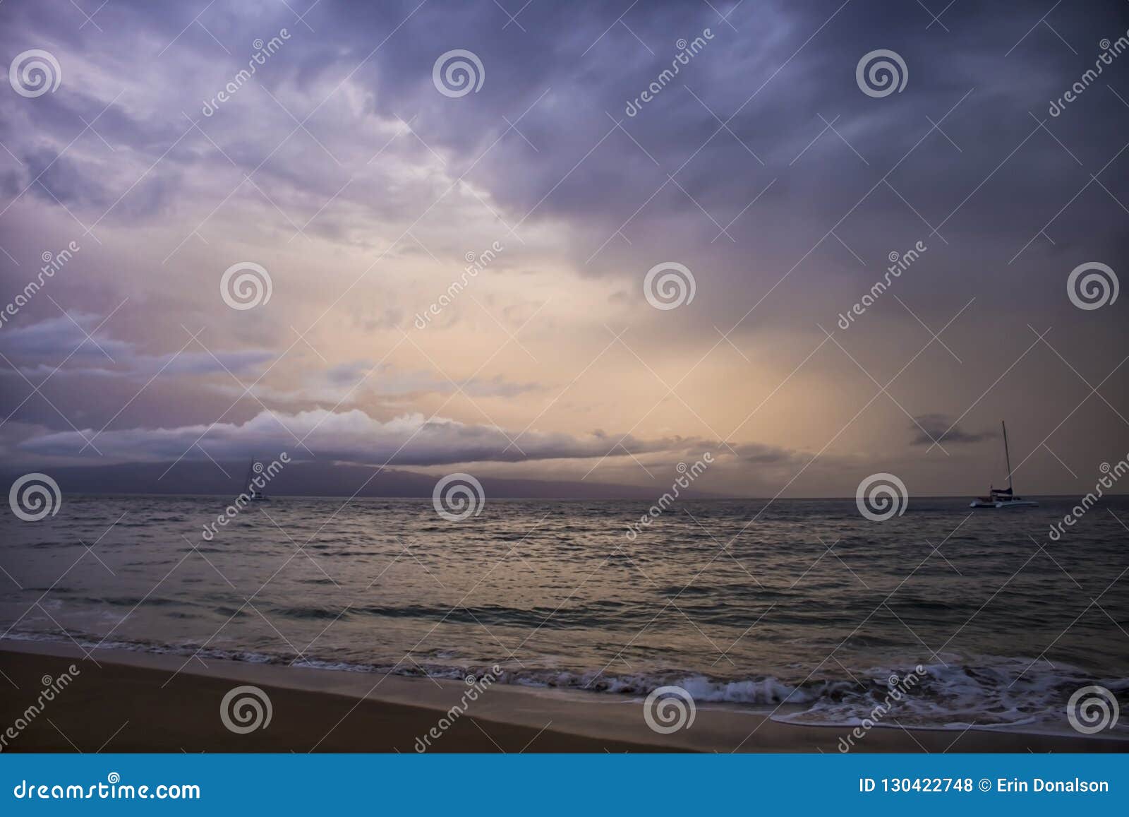 Dramatic Clouds Over Ocean Sunset with Boats As Hurricane Storm Stock ...