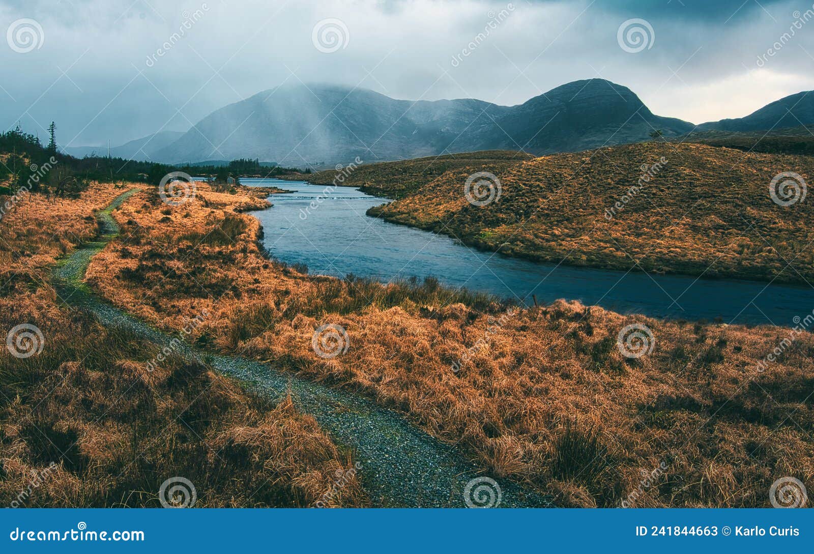 Dramatic Cloudy Landscape Scenery with Storm and Rain Over River and ...